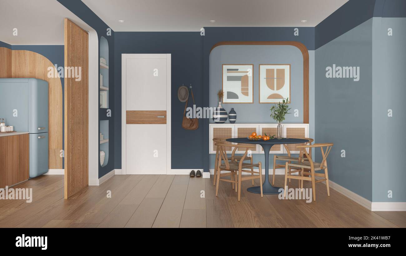 Contemporary dining room and kitchen in blue and wooden tones, round ...