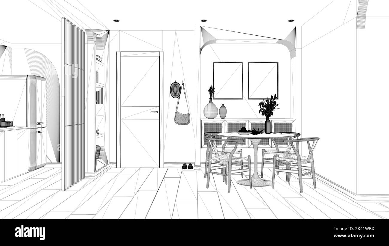 Blueprint project draft, contemporary dining room and kitchen, round ...