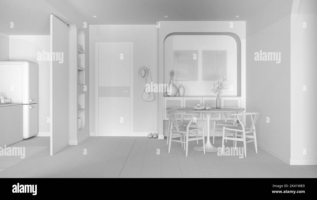 Total white project draft, contemporary dining room and kitchen, round ...