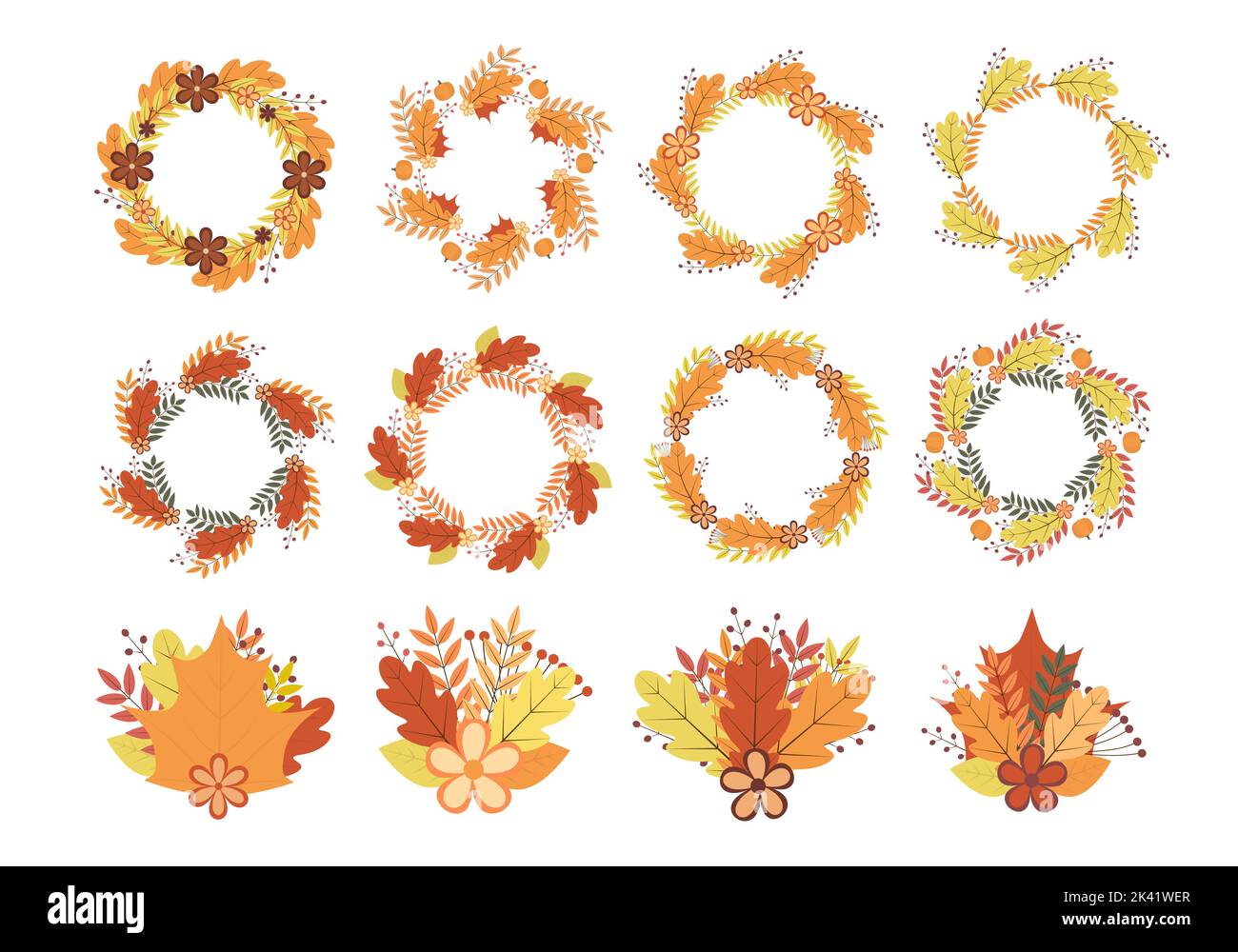 Set of wreaths and bunches of colorful autumn leaves and flowers. Fall ...