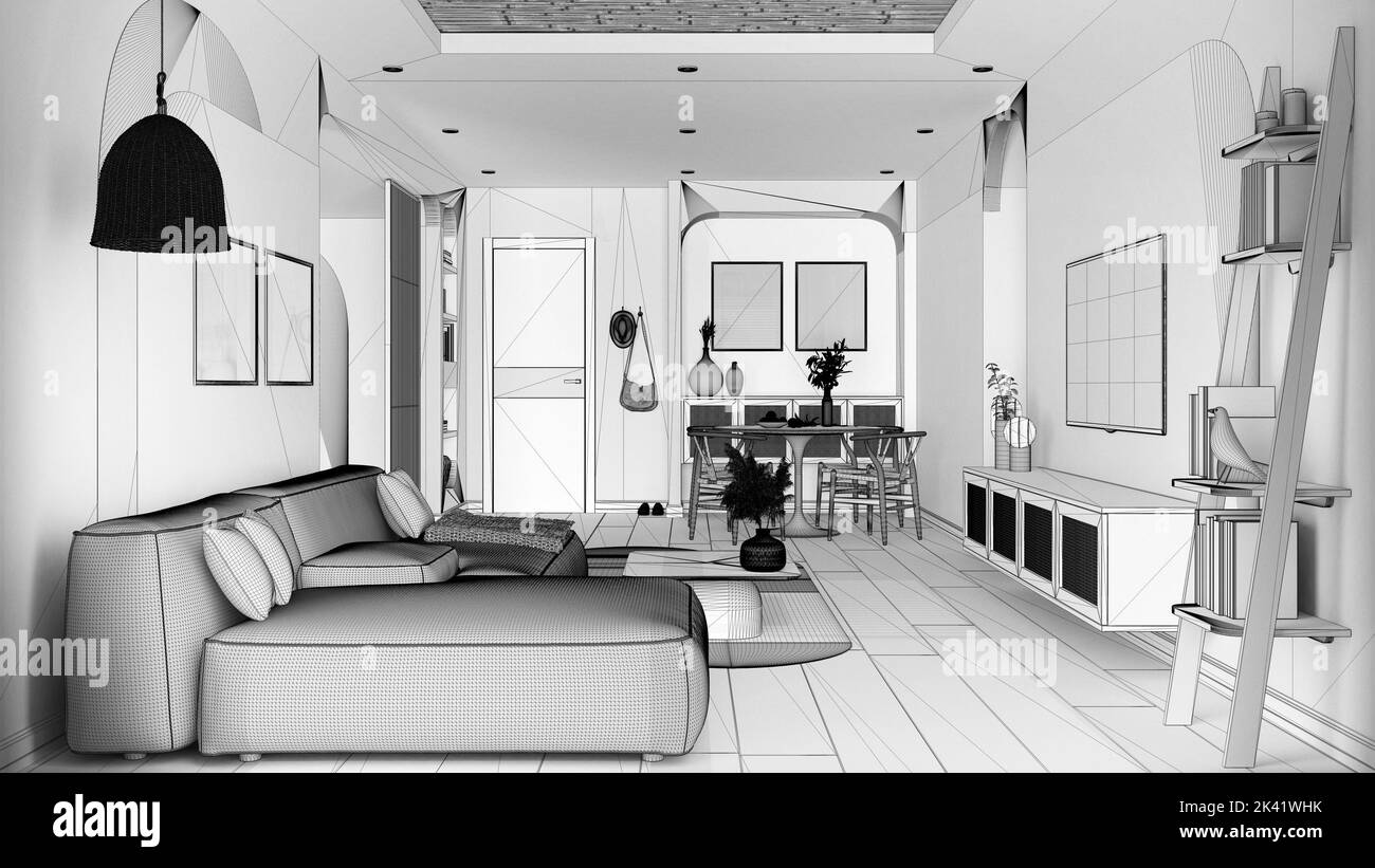 Unfinished project draft, contemporary wooden dining and living room ...