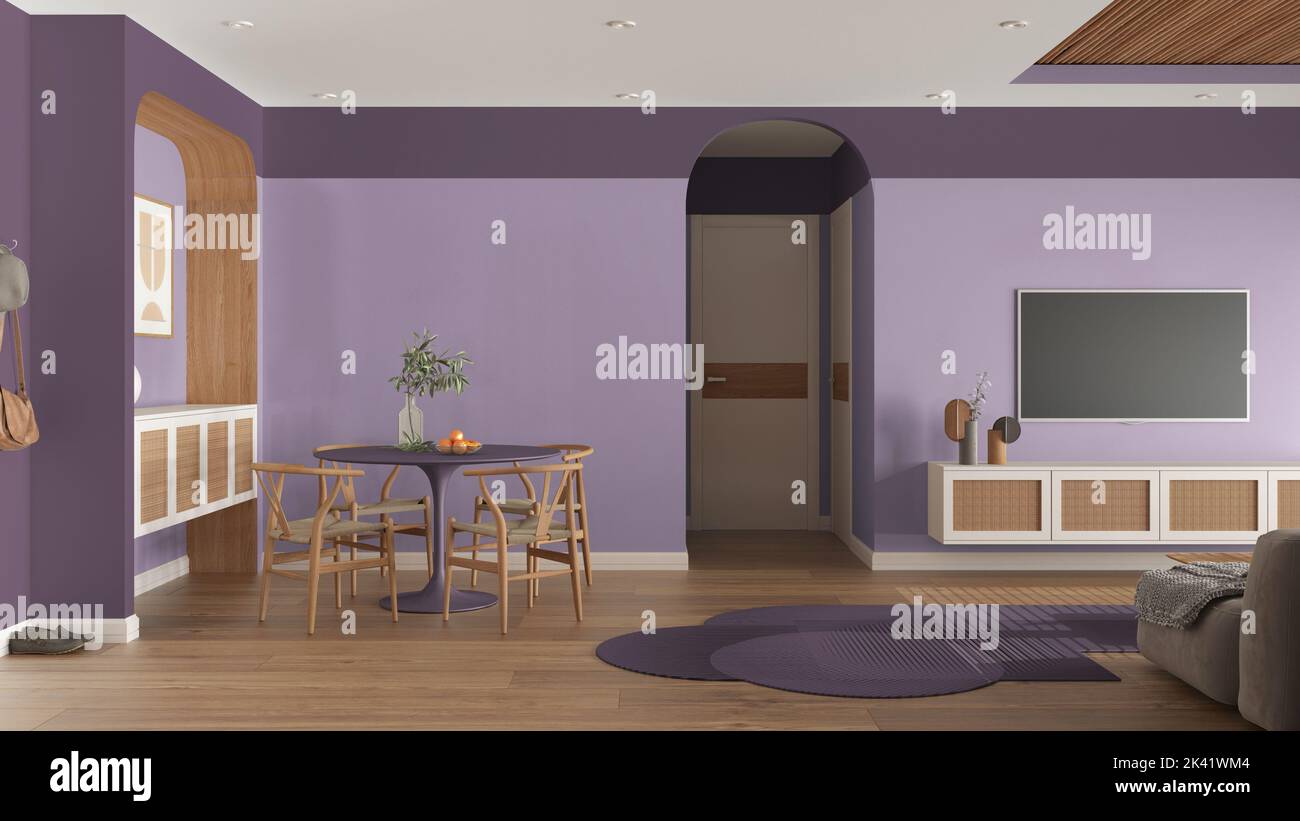 Contemporary wooden dining and living room in purple tones, table with ...