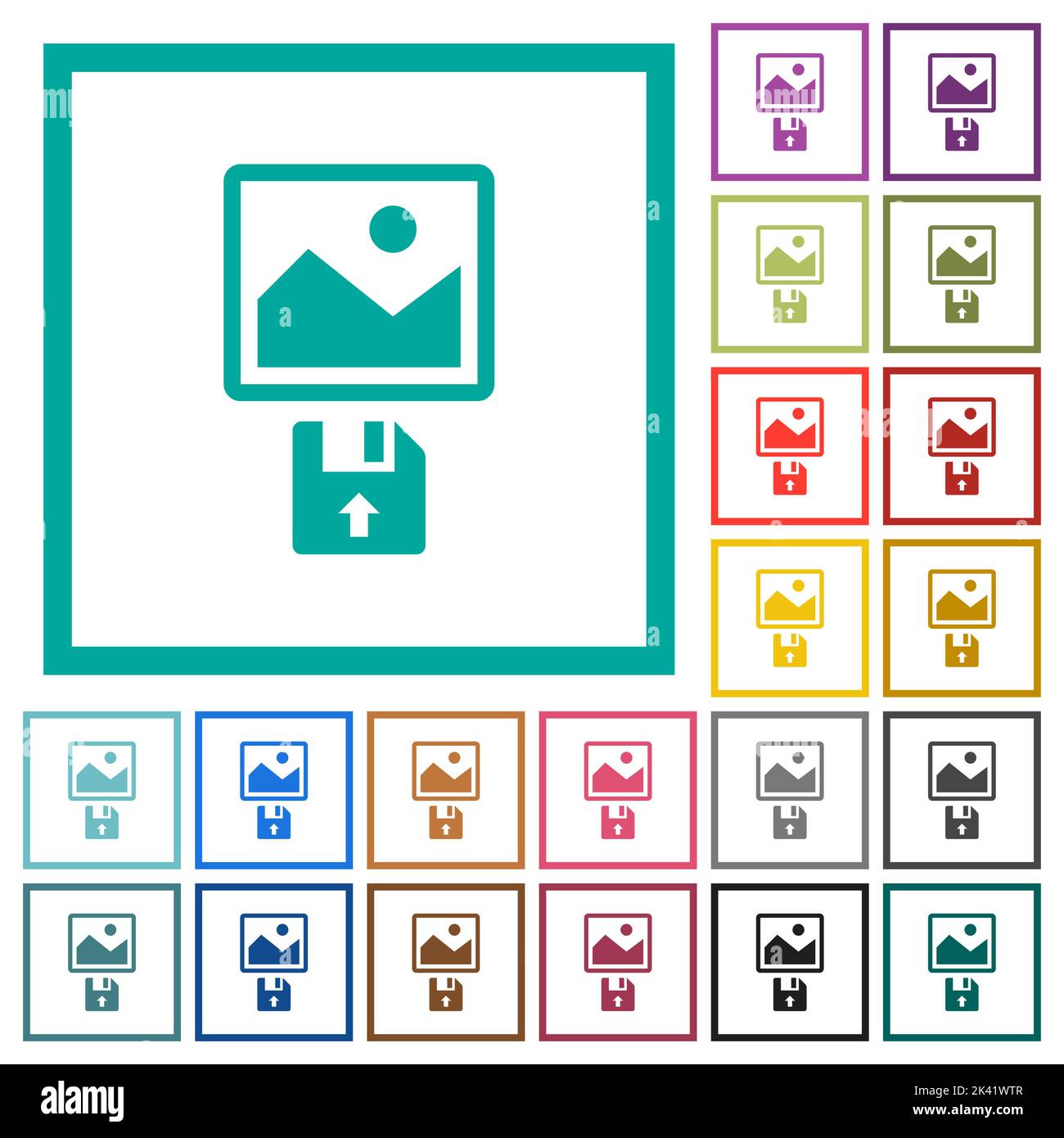 Upload image from floppy disk flat color icons with quadrant frames on white background Stock ...