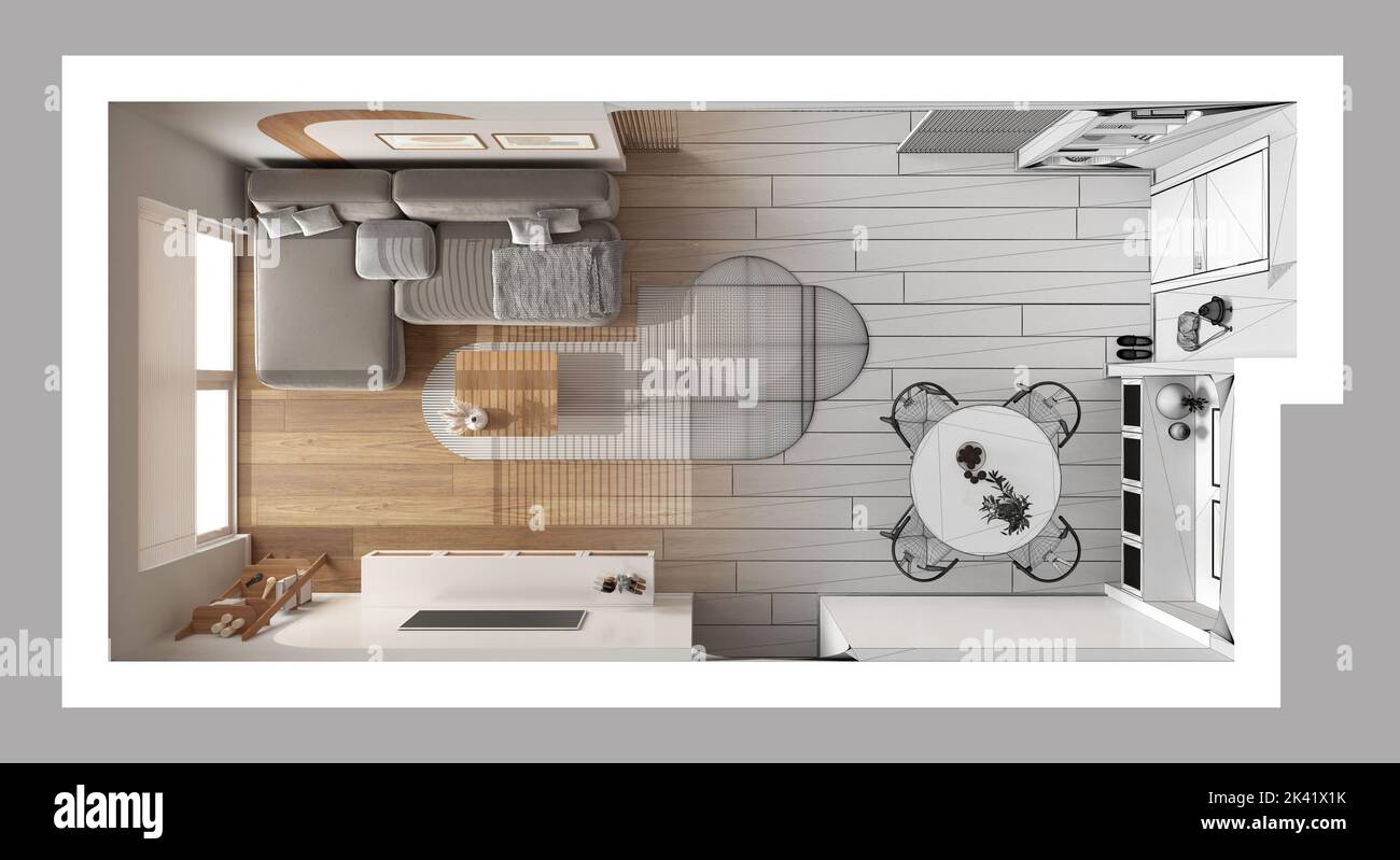 Architect interior designer concept: hand-drawn draft unfinished ...