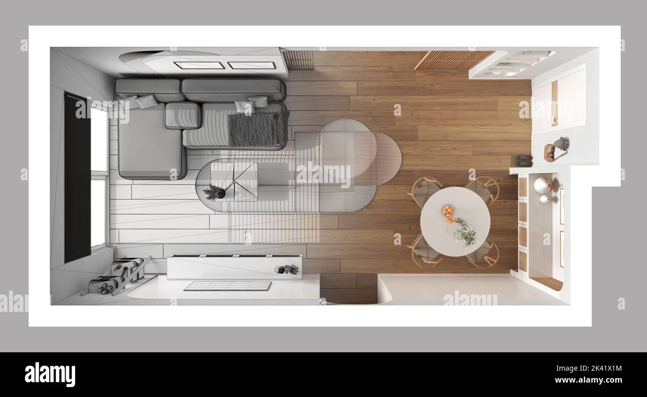 Architect interior designer concept: hand-drawn draft unfinished ...