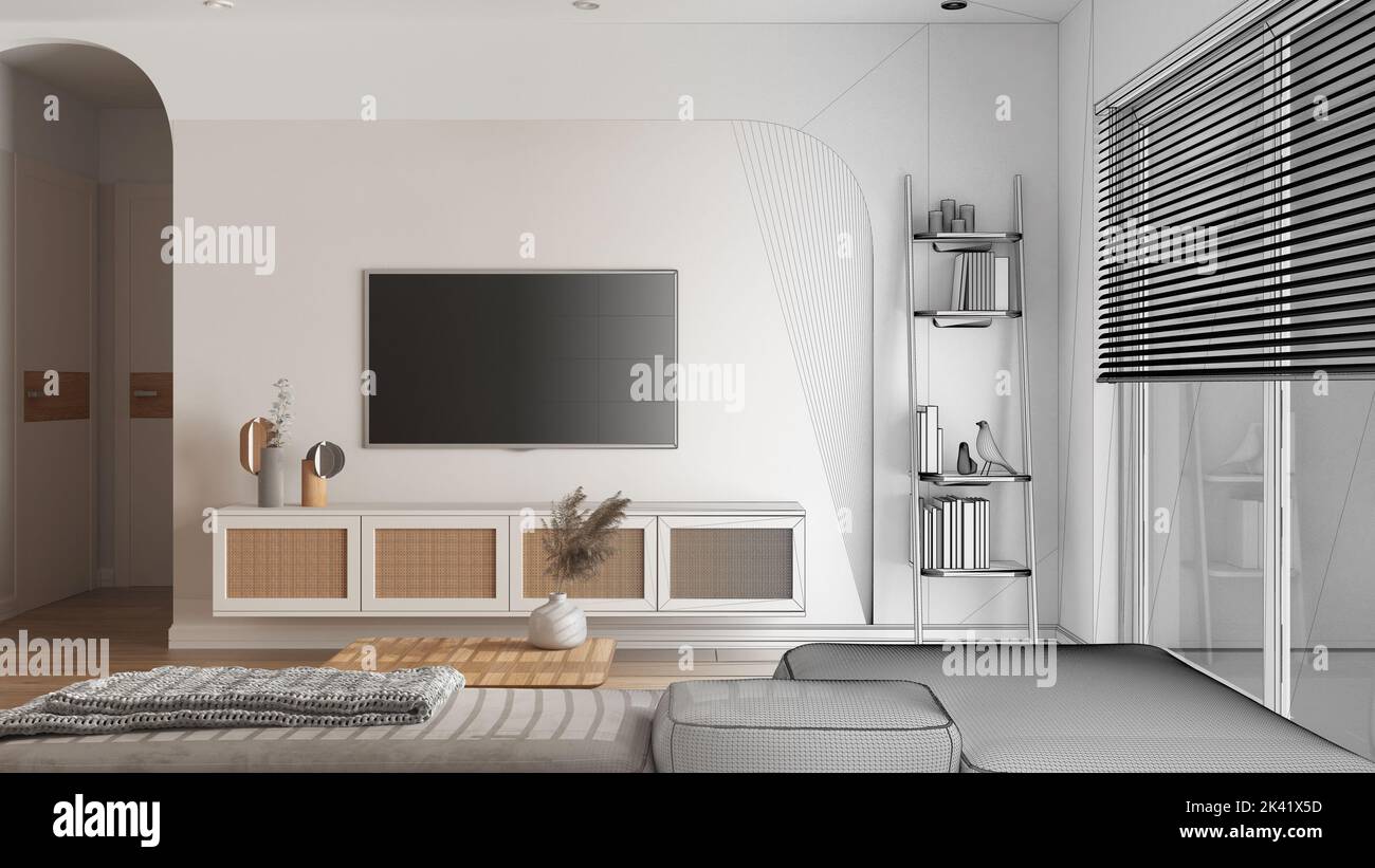 Architect interior designer concept: hand-drawn draft unfinished ...