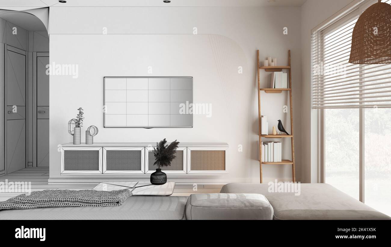 Architect interior designer concept: hand-drawn draft unfinished ...