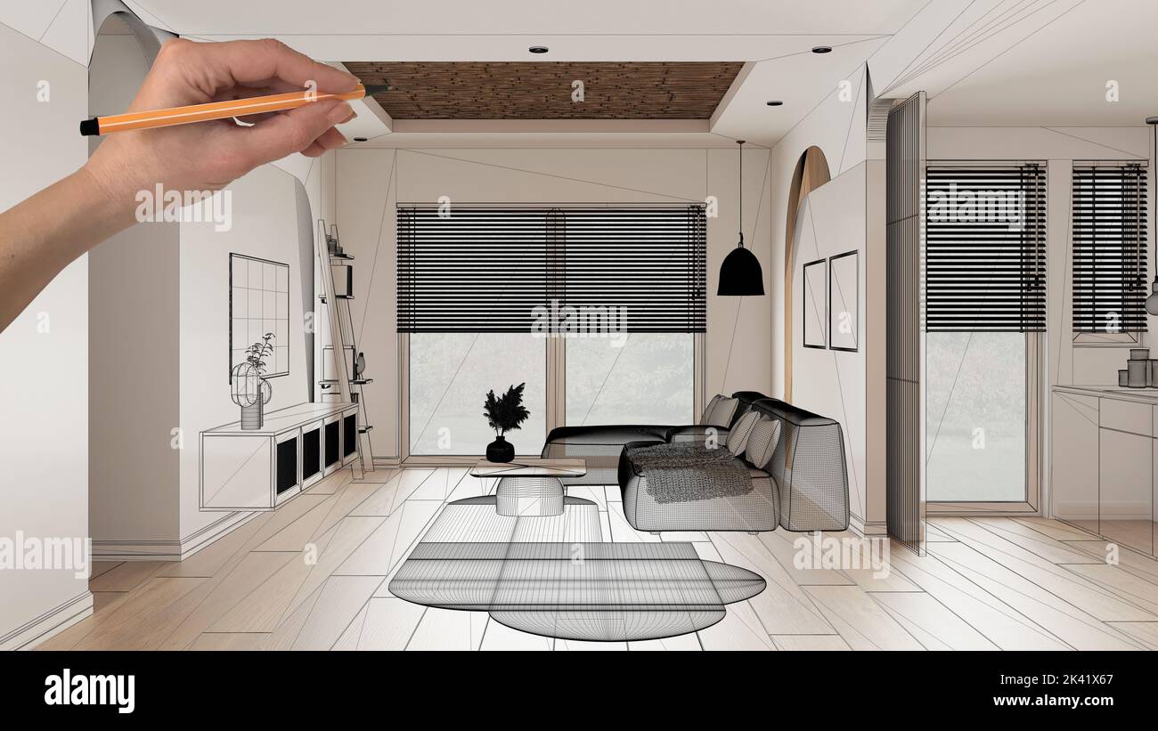 Empty white interior with parquet floor, hand drawing custom ...