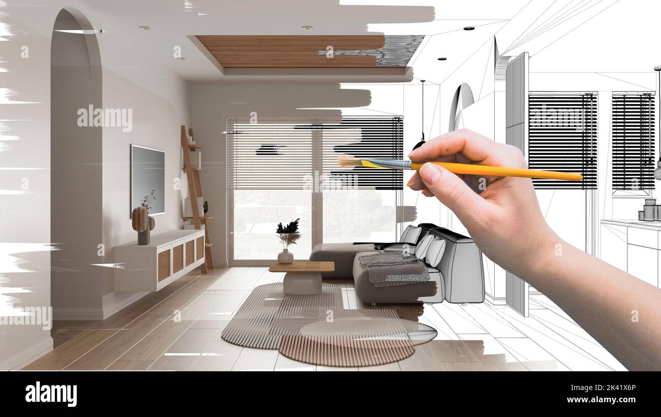 Blueprint project draft, sketch of modern living room, hand painting ...