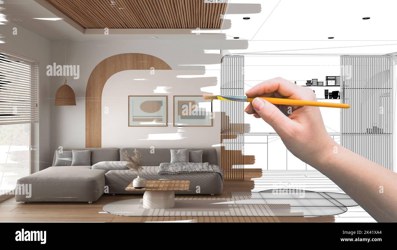 Blueprint project draft, sketch of living room and kitchen, hand ...