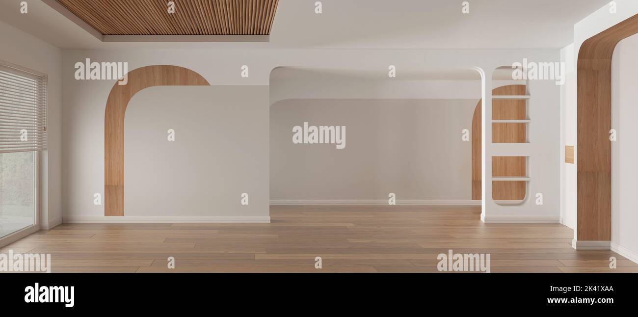 Empty room interior design, panoramic view, open space with parquet ...