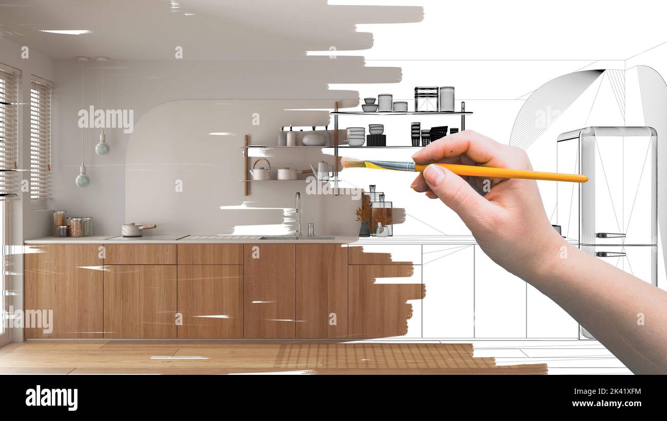 Blueprint project draft, sketch of modern kitchen, hand painting ...