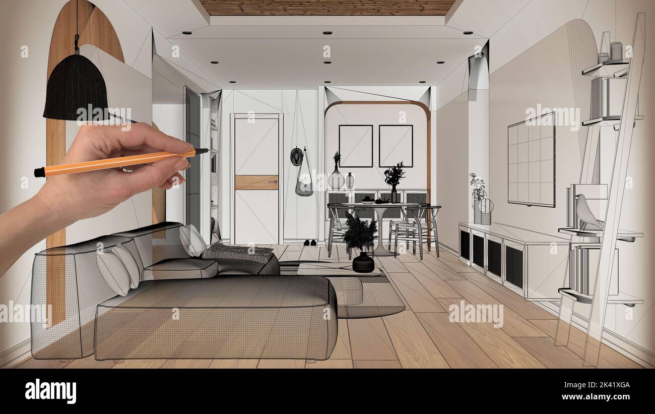 Empty white interior with parquet floor, hand drawing custom ...