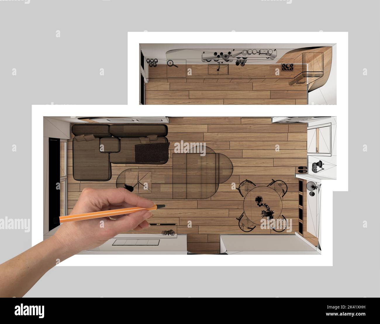 Empty white interior with parquet floor, hand drawing custom ...