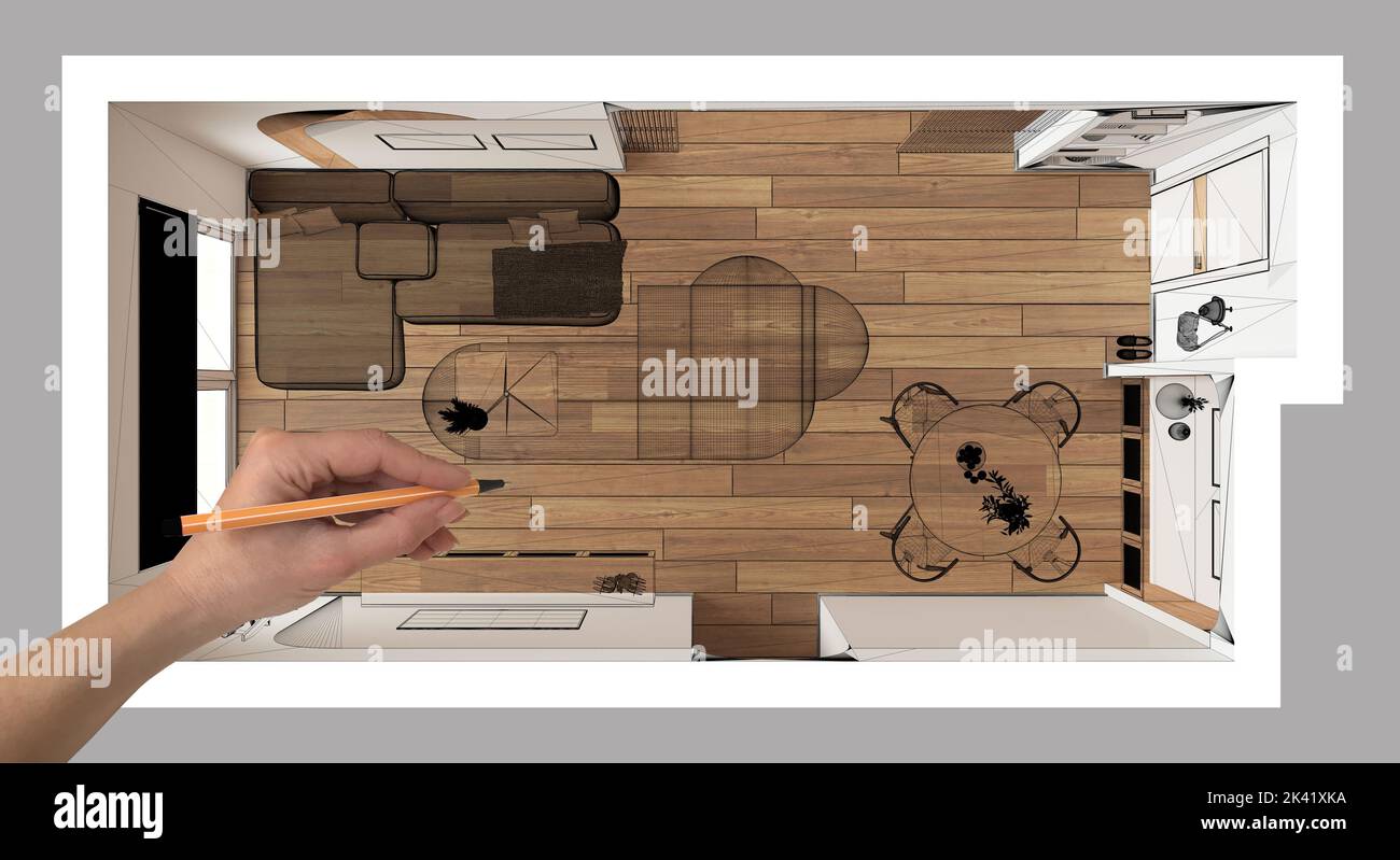Empty white interior with parquet floor, hand drawing custom ...