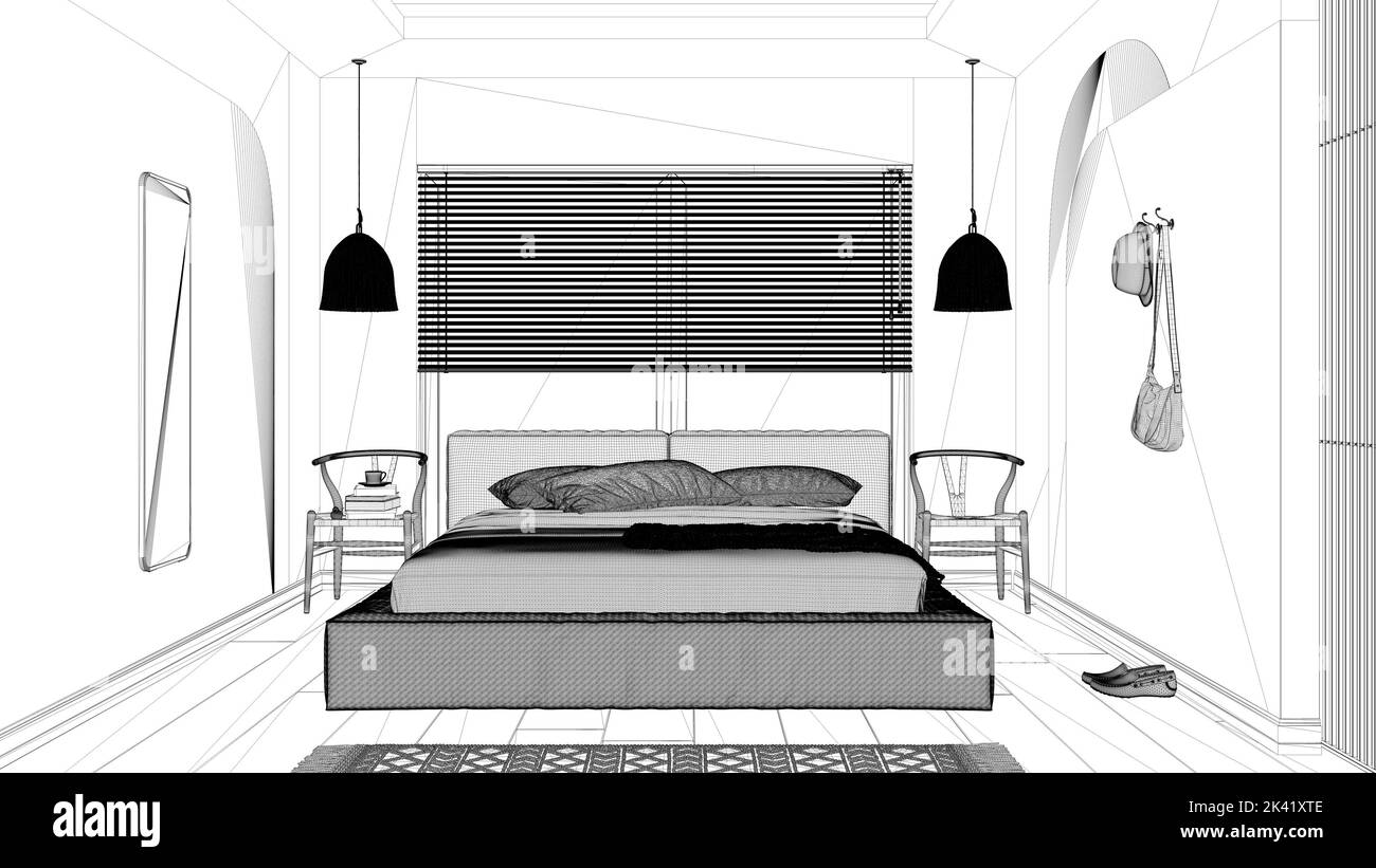 Blueprint project draft, modern wooden bedroom, master velvet bed with ...