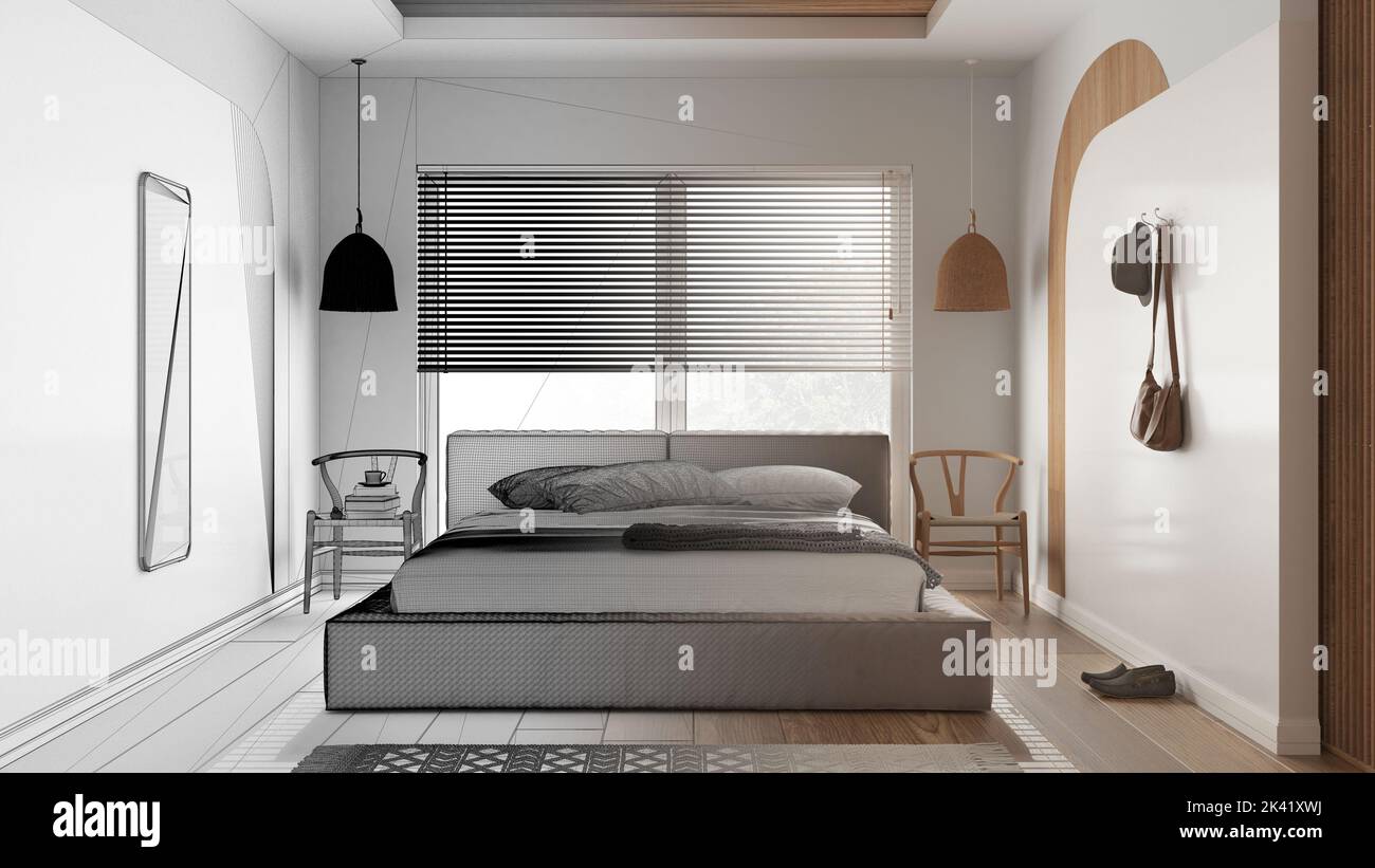 Architect interior designer concept: hand-drawn draft unfinished ...