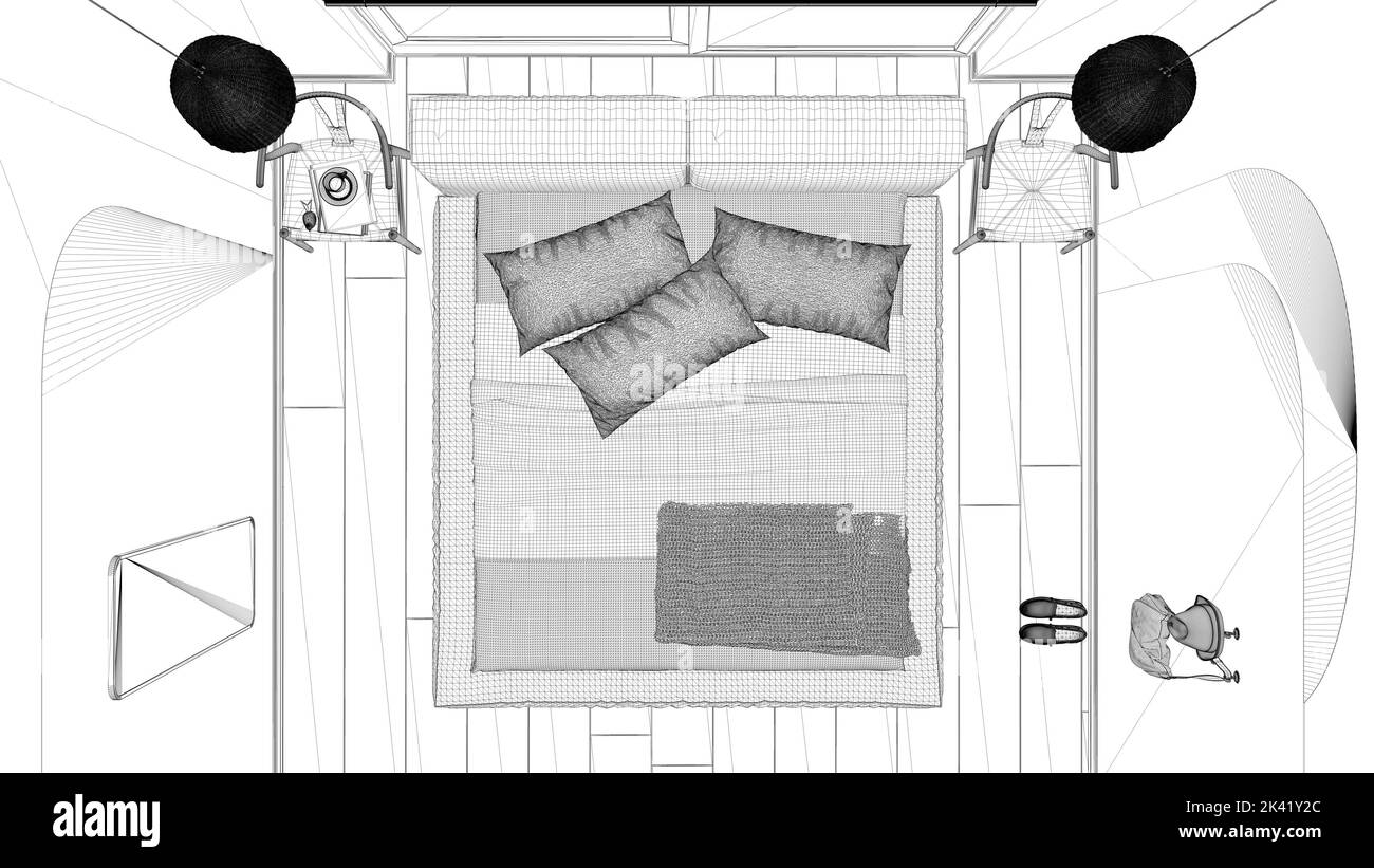 Blueprint project draft, modern wooden bedroom, master bed with pillows ...