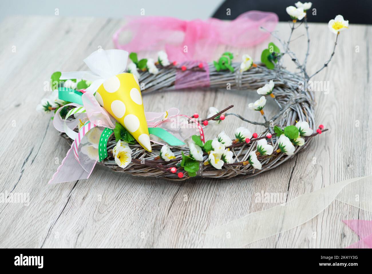 Nice Wreath on vintage wood table Stock Photo - Alamy