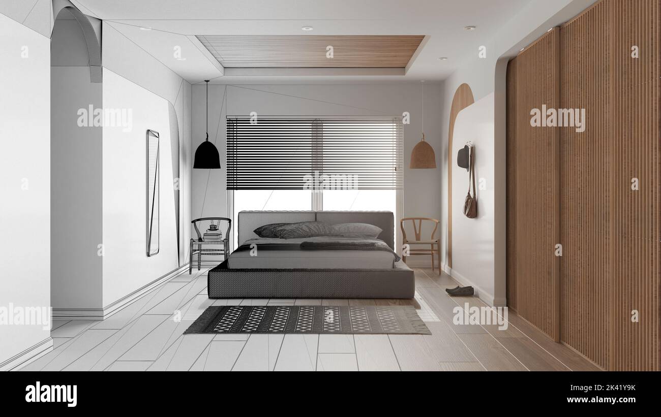 Architect interior designer concept: hand-drawn draft unfinished ...