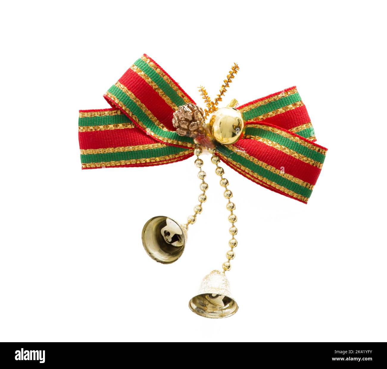 Christmas bow with golden bells isolated on white background Stock ...
