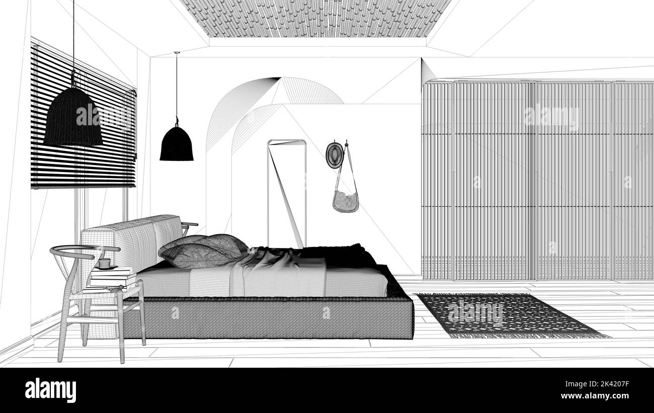 Blueprint project draft, modern wooden bedroom, master velvet bed with ...
