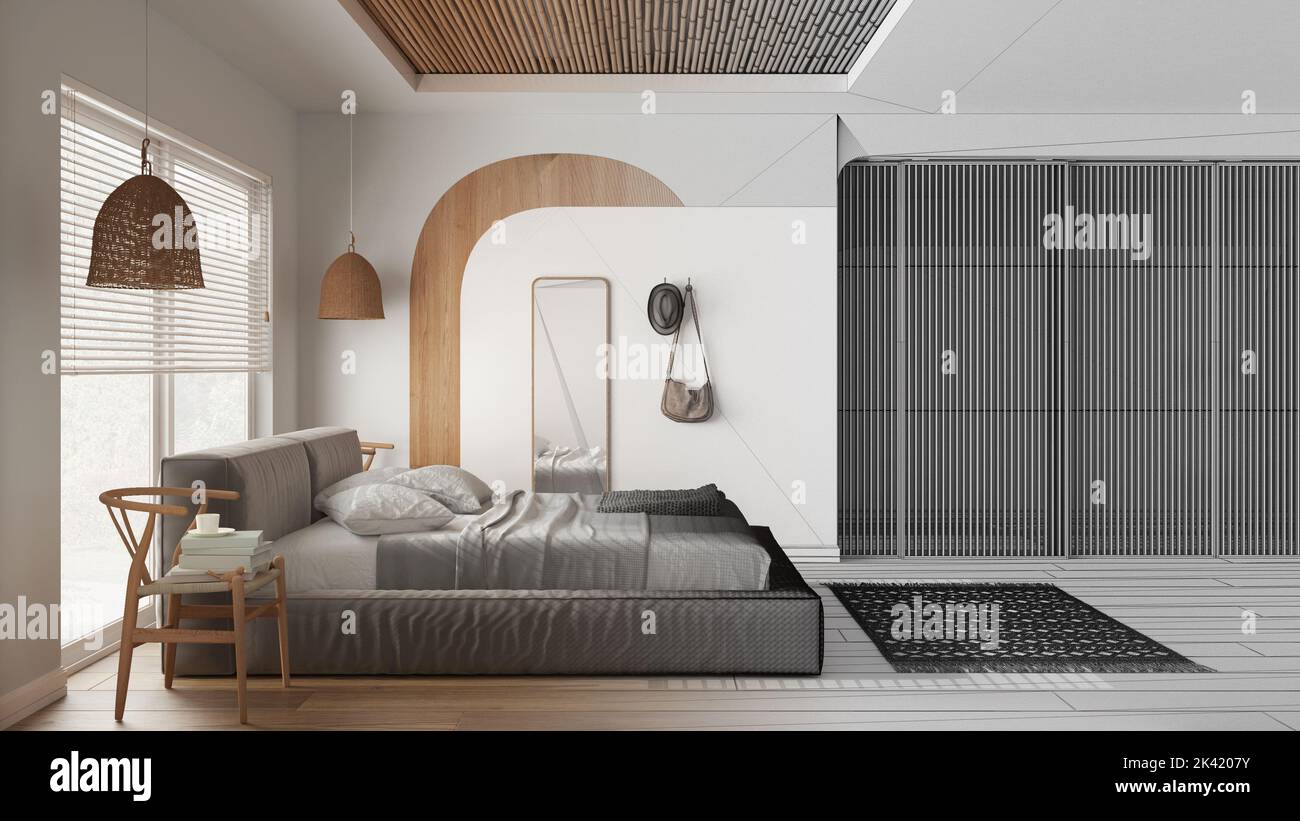 Architect interior designer concept: hand-drawn draft unfinished ...