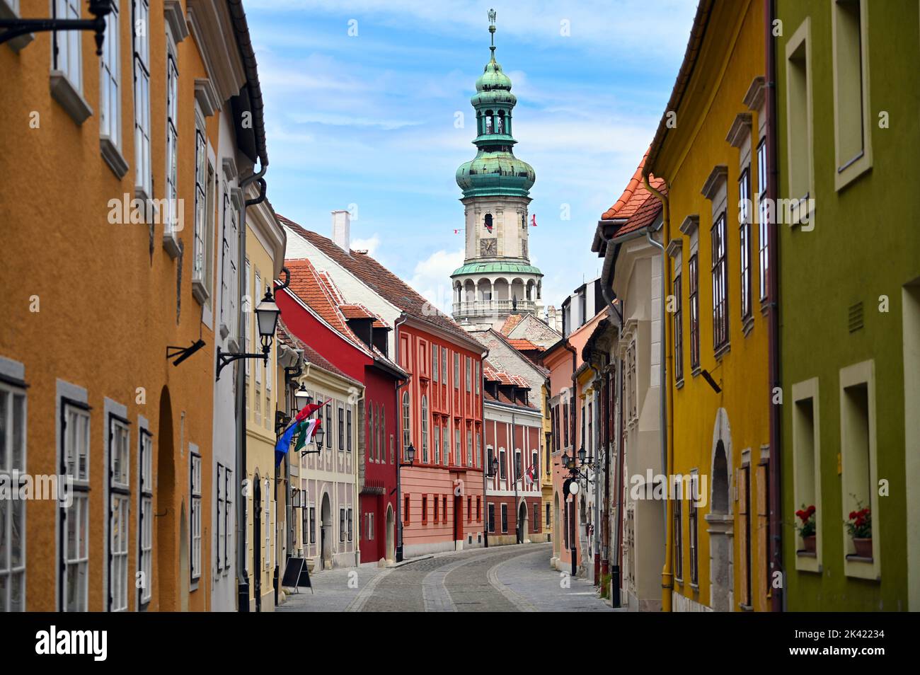 Street with old buildings and Firewatch tower in Sopron Hungary Stock ...