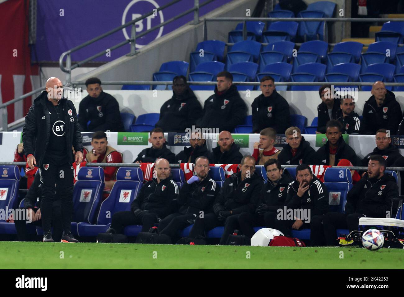 Rob Page, the manager of Wales and his coaching staff on the bench ...