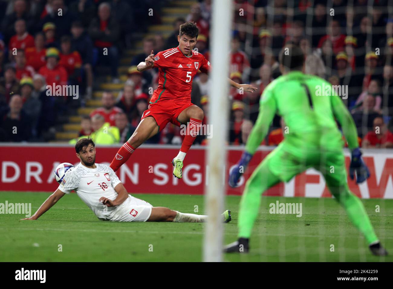 Rubin Colwill of Wales (c) plays a cross into the box. UEFA Nations ...
