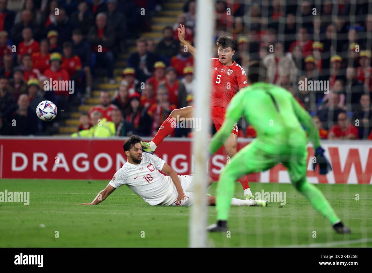 Rubin Colwill of Wales (c) plays a cross into the box. UEFA Nations ...