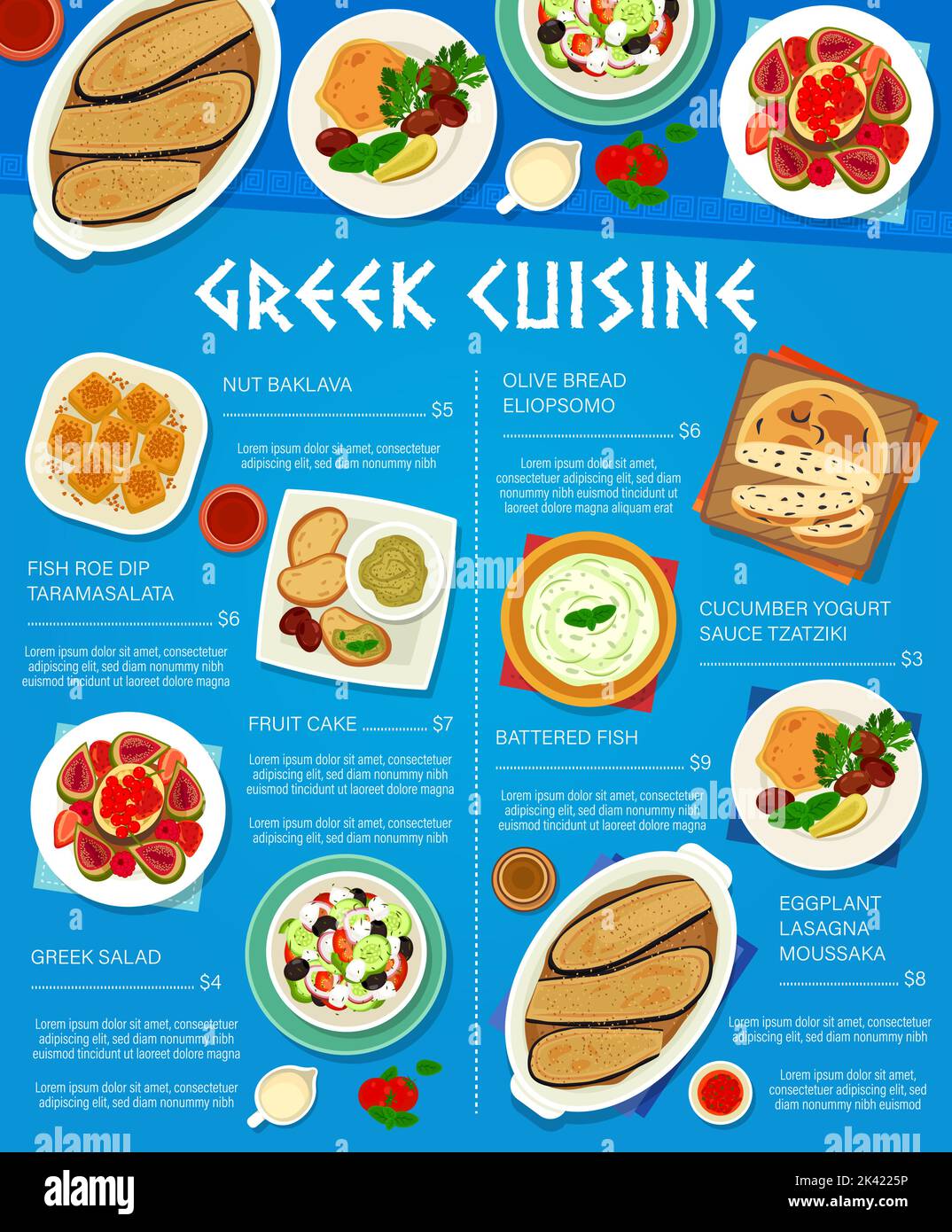 Greek cuisine meals menu template. Fish roe dip Taramasalata, Greek ...