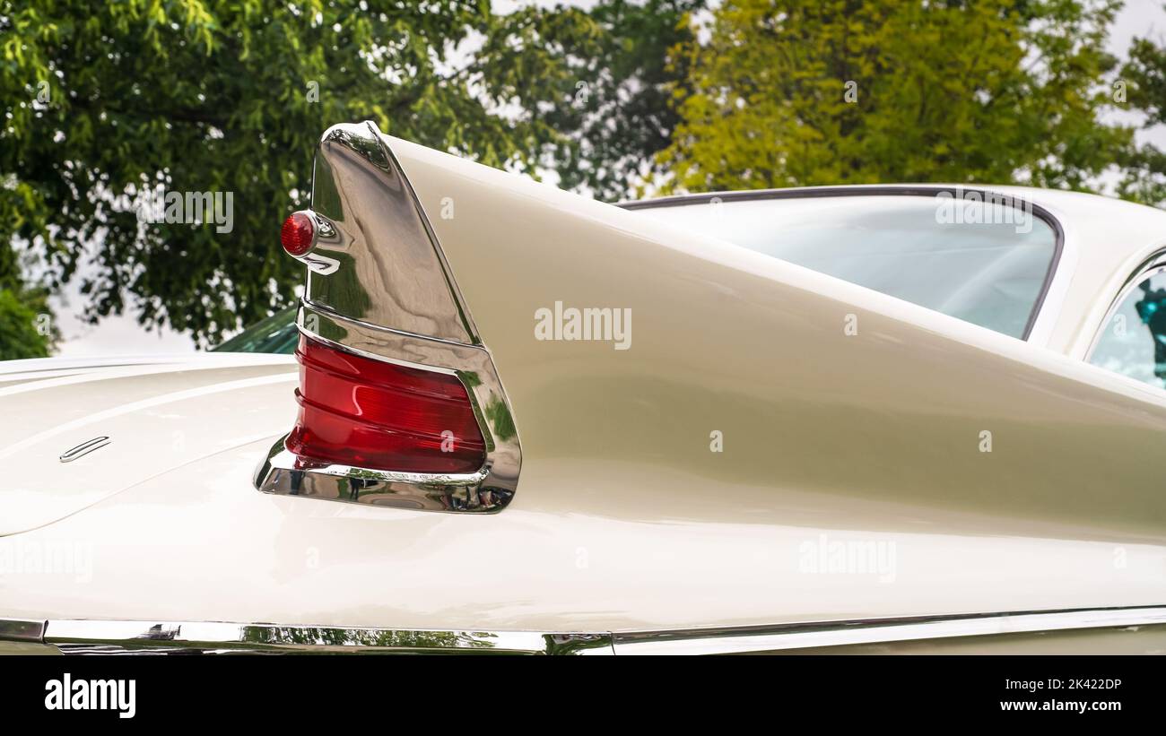 DEARBORN, MI/USA - JUNE 15, 2019: Close-up of a 1961 DeSoto fin, The ...