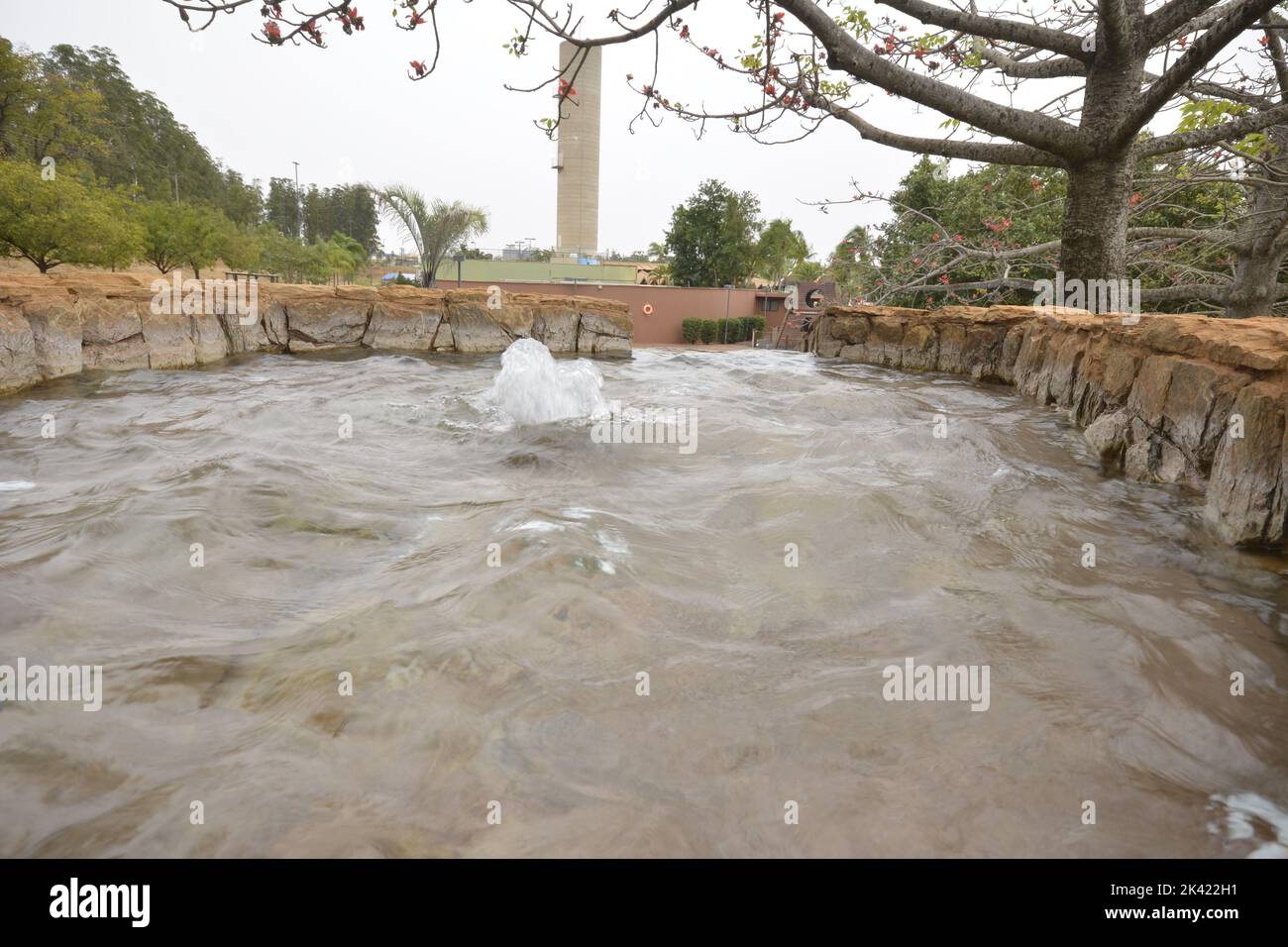 Geyser. Pool of a luxury resort with waterfall and sun loungers on a ...