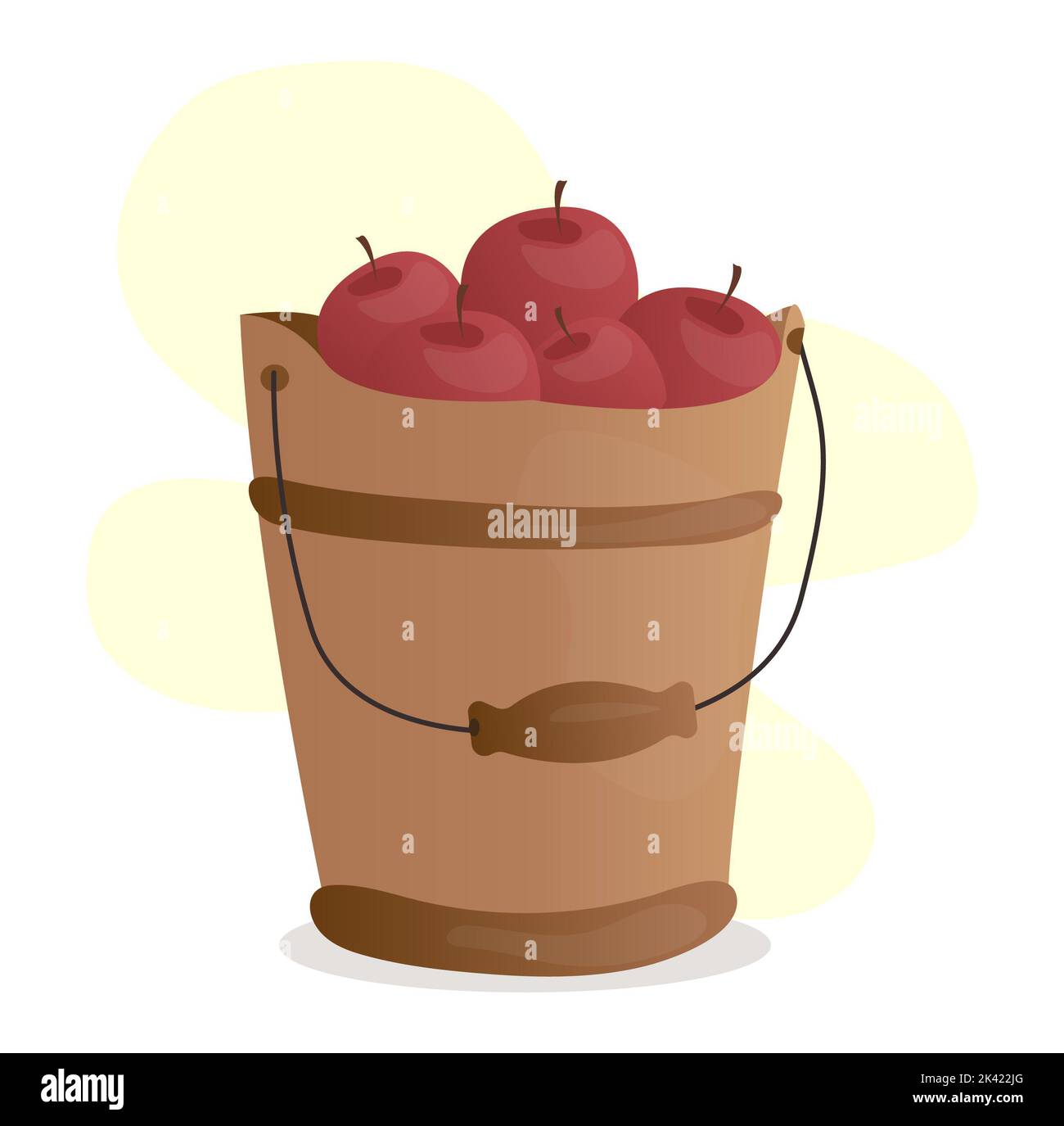 Red ripe apples in a wooden bucket with a handle on a white insulated ...