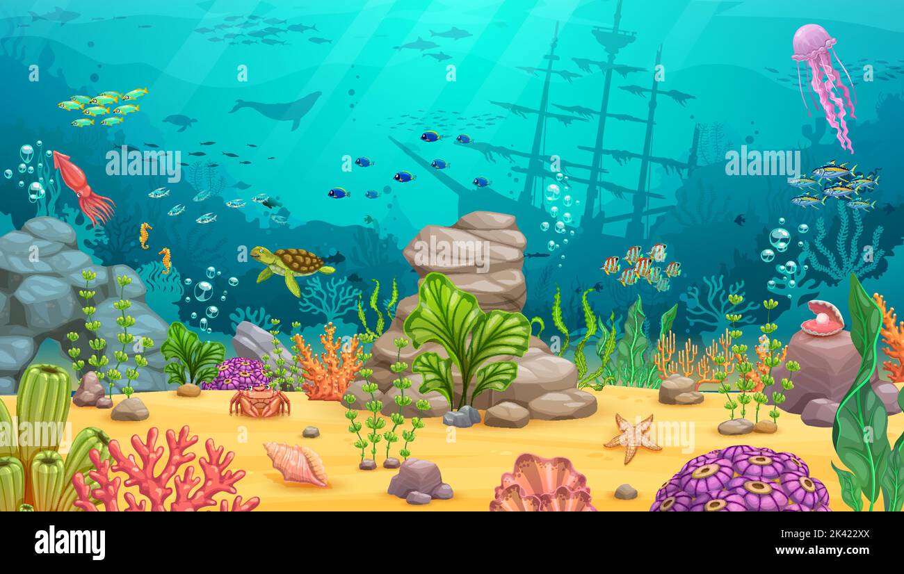 Cartoon underwater landscape. Sea and ocean under water world game ...