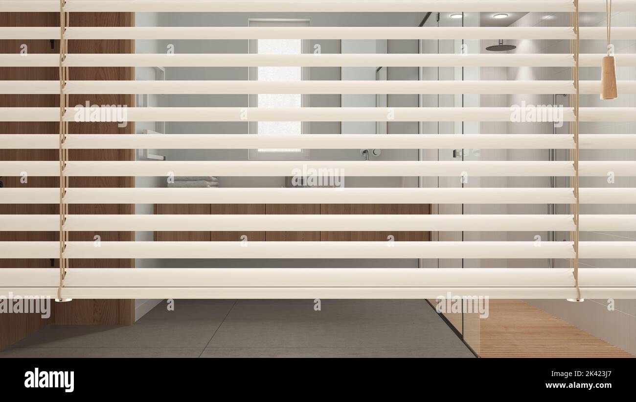 White venetian blinds close up view, over modern wooden bathroom with ...