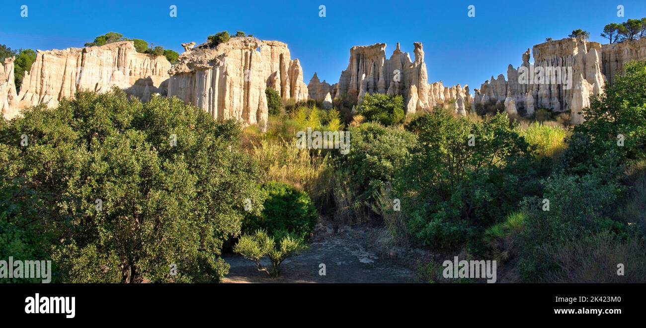 France, Pyrénées-Orientales. Steep sculpted sandstone cliffs and ...