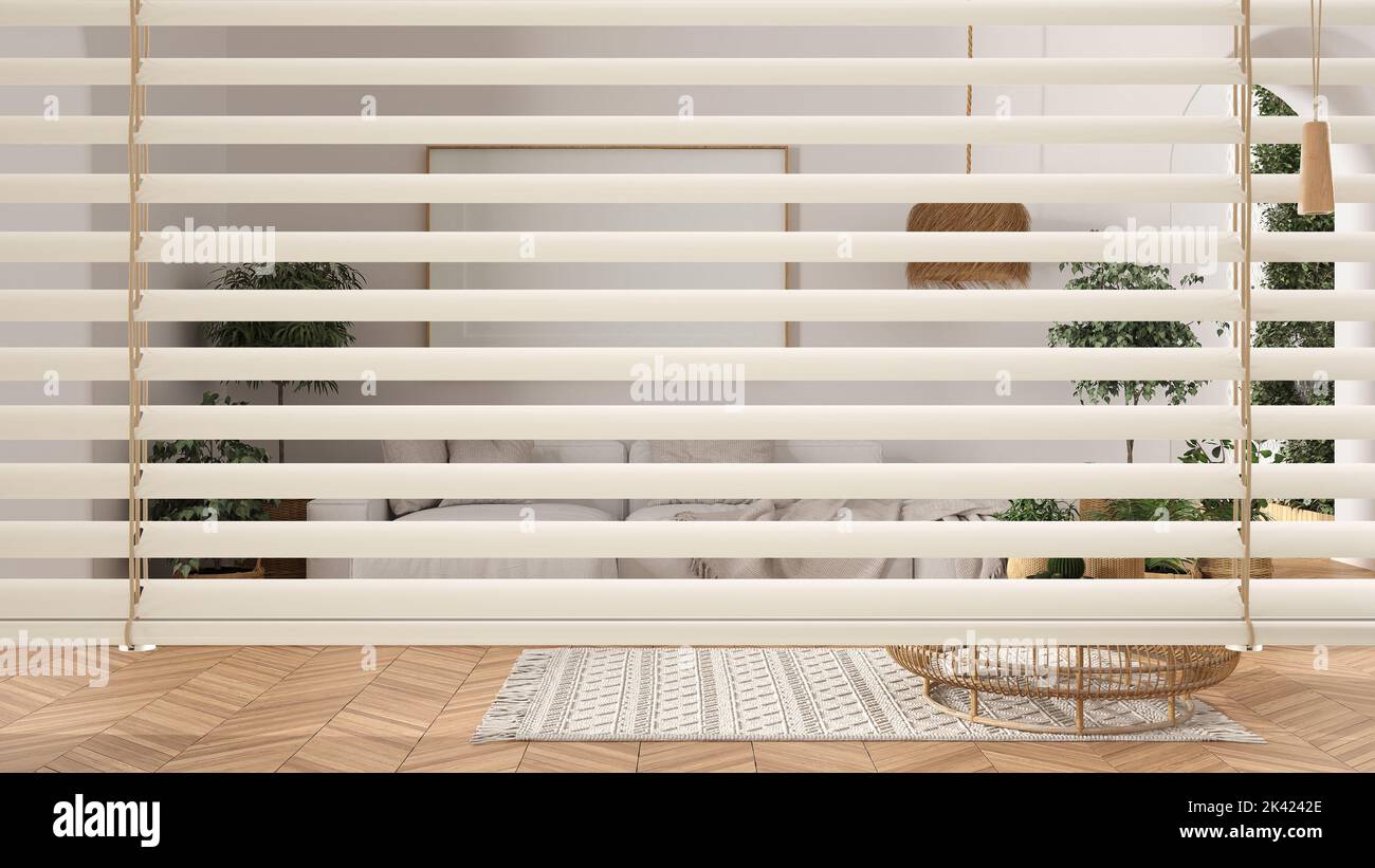 White venetian blinds close up view, over scandinavian living room with ...