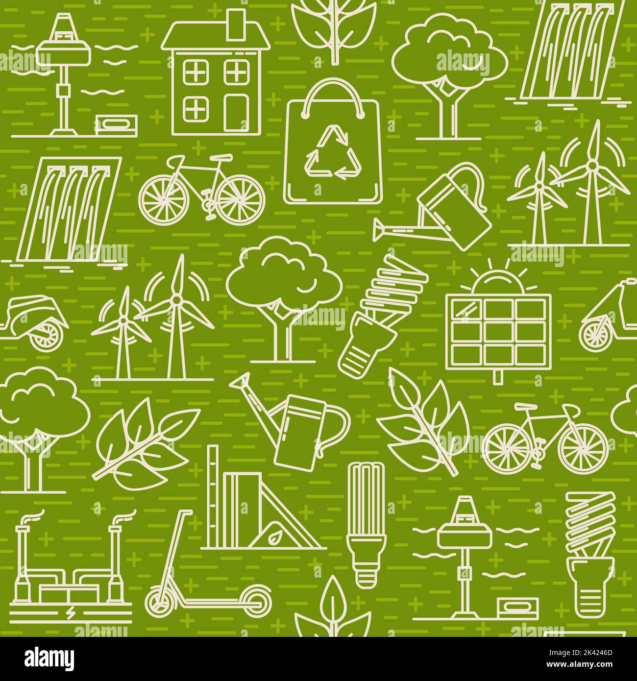 Green seamless pattern with energy and ecology symbols in thin line ...