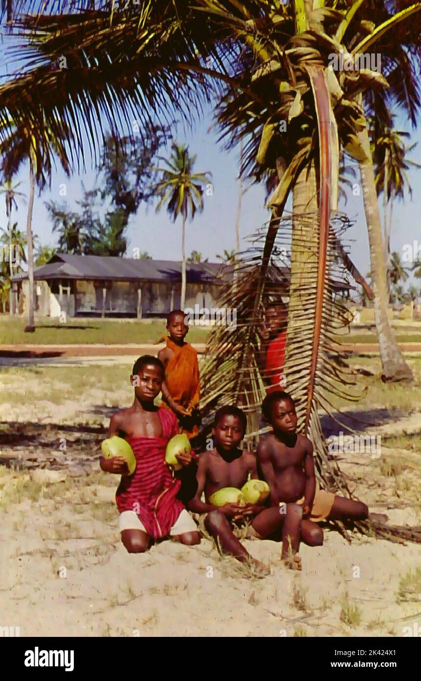 Children with coconuts in the Ada region of Ghana c.1959 Stock Photo ...