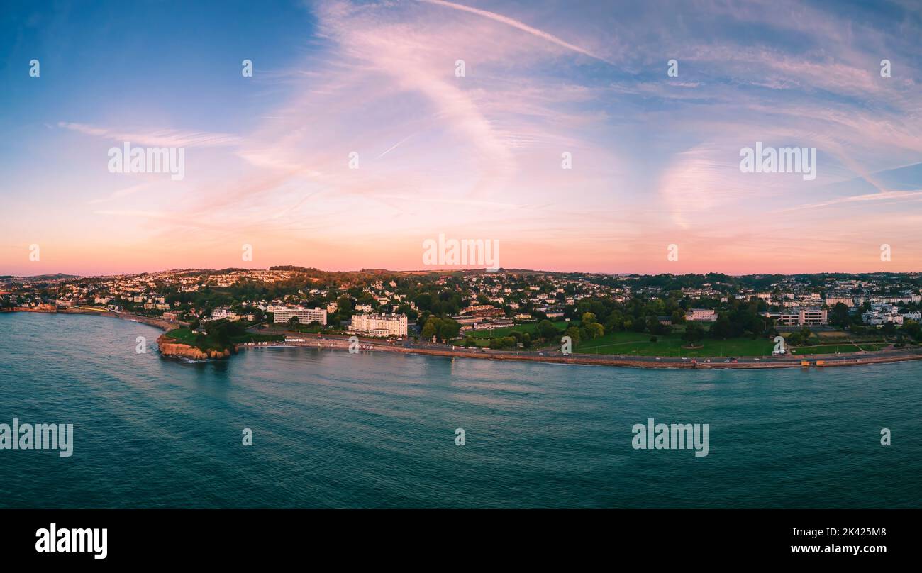 An aerial view of the resort of Torquay at sunrise in Devon, UK Stock ...