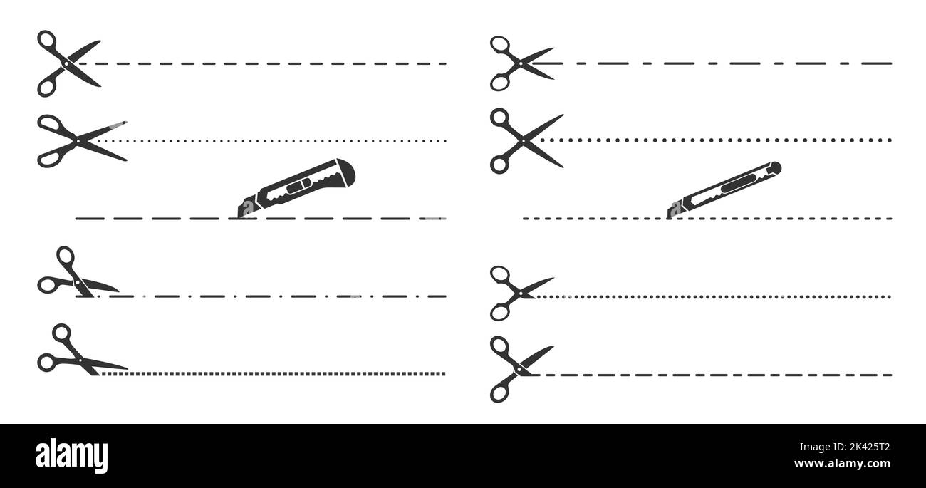 Cut lines, scissors, cutter and utility knife cutting lines, vector ...