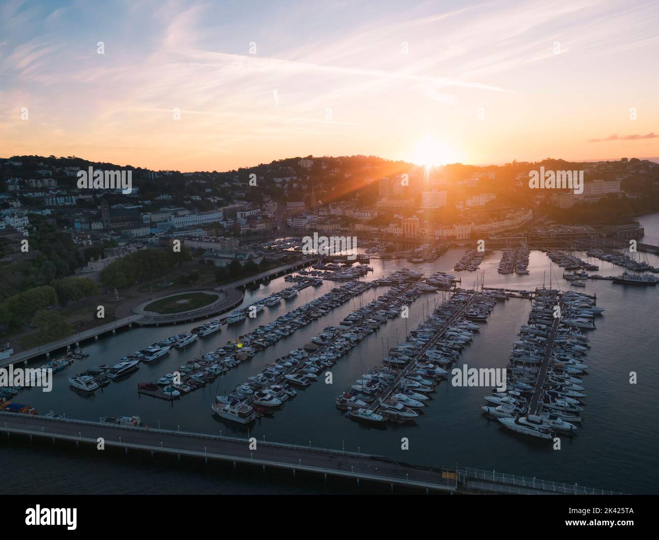 An aerial view of the resort of Torquay at sunrise in Devon, UK Stock ...