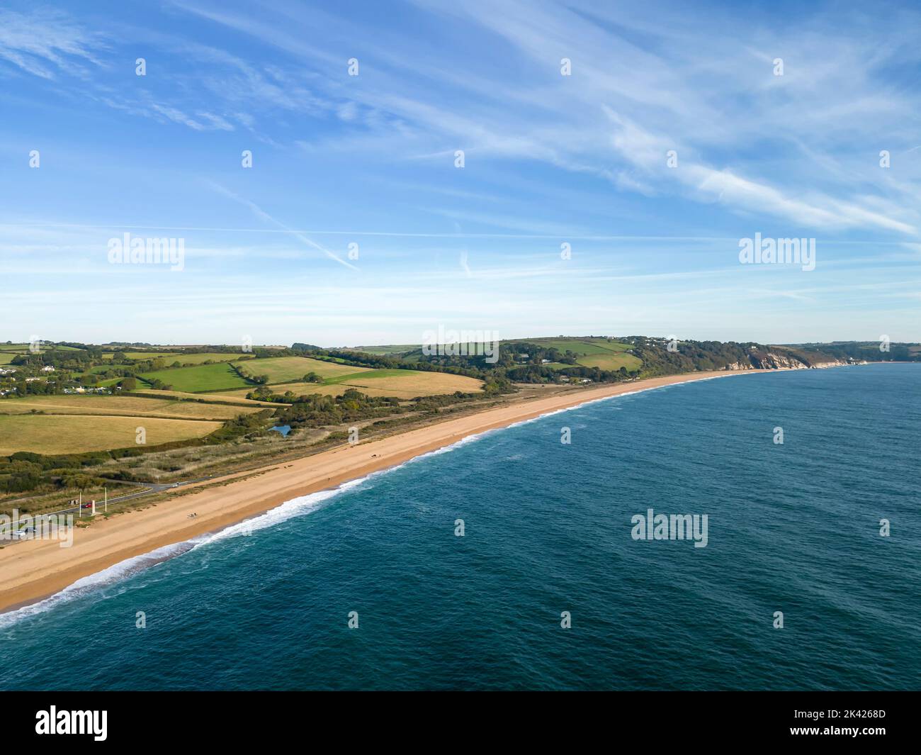 An aerial view of the magnificent beach at Slapton Sands in Devon, UK ...