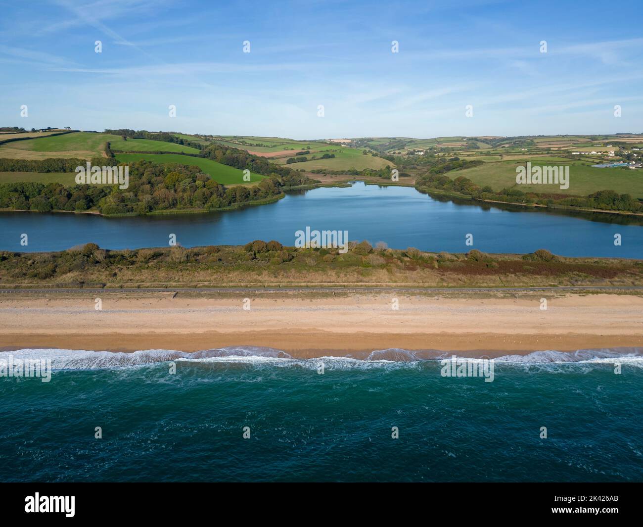 An aerial view of the magnificent beach at Slapton Sands in Devon, UK ...