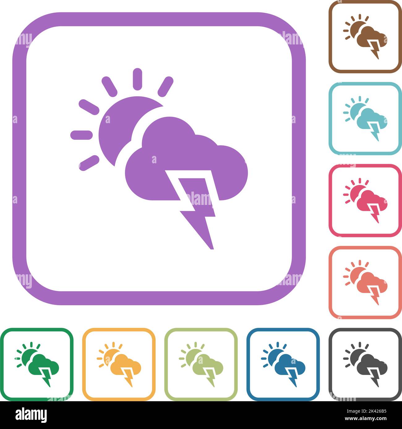 Sunny and stormy weather simple icons in color rounded square frames on ...