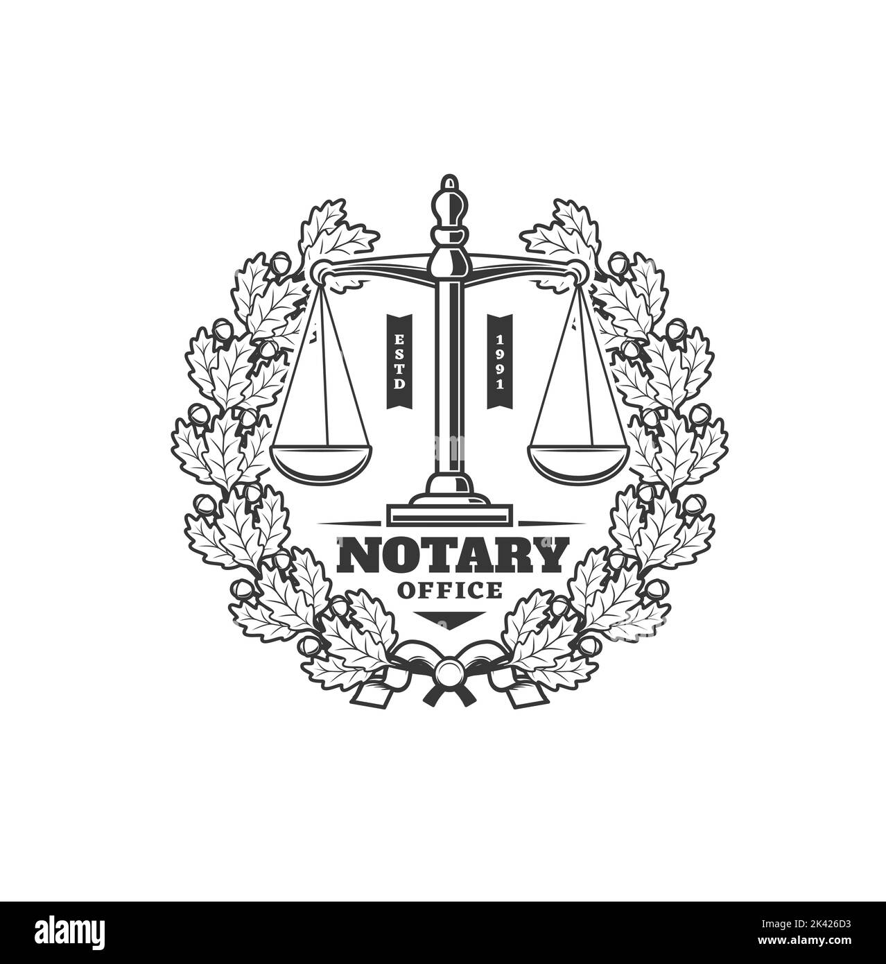 Notary service icon. Scales and laurel wreath. Vector scales of justice ...