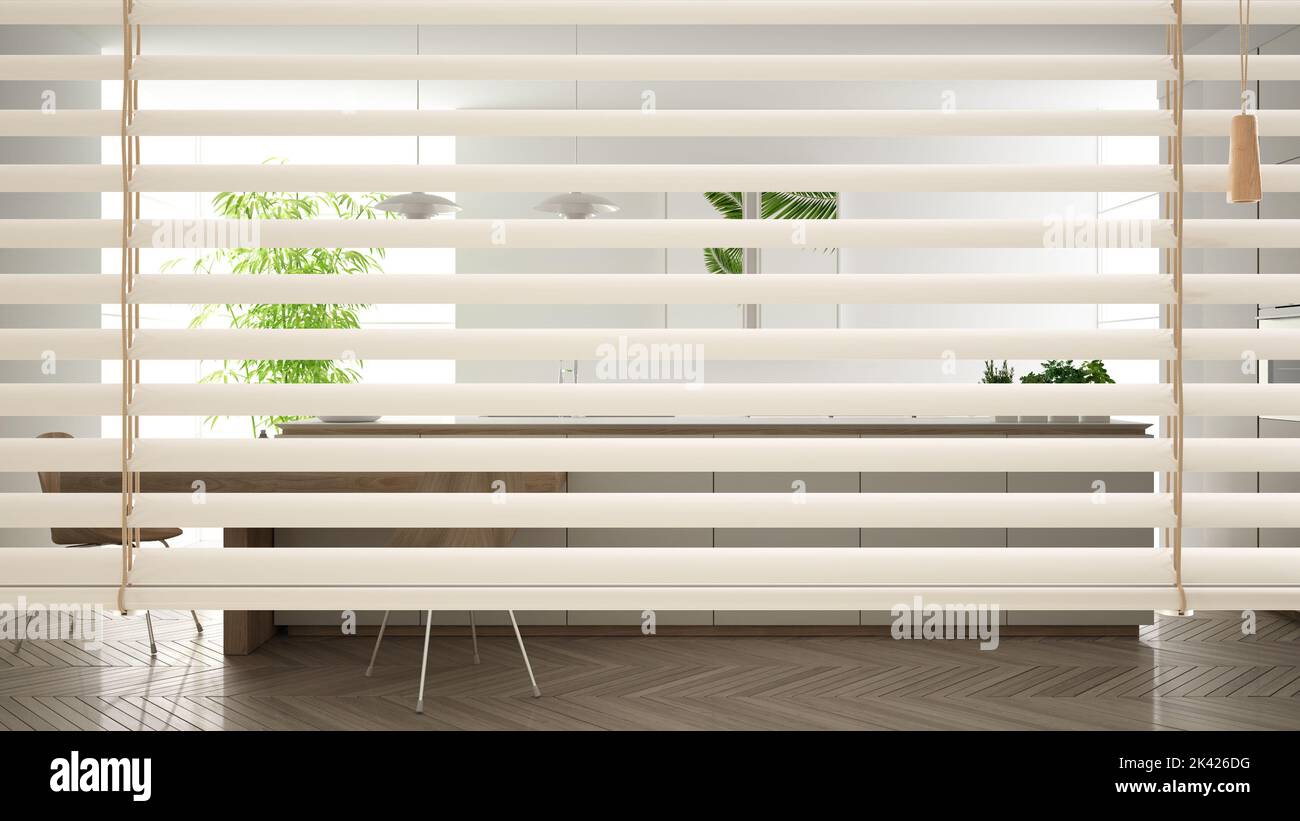 White venetian blinds close up view, over modern kitchen with cabinets ...