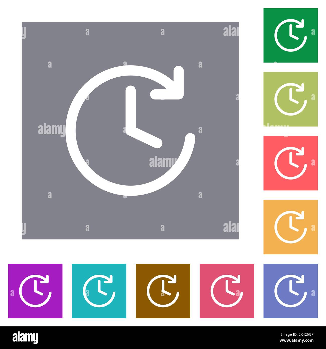 Circle shaped forward arrow and clock flat icons on simple color square ...